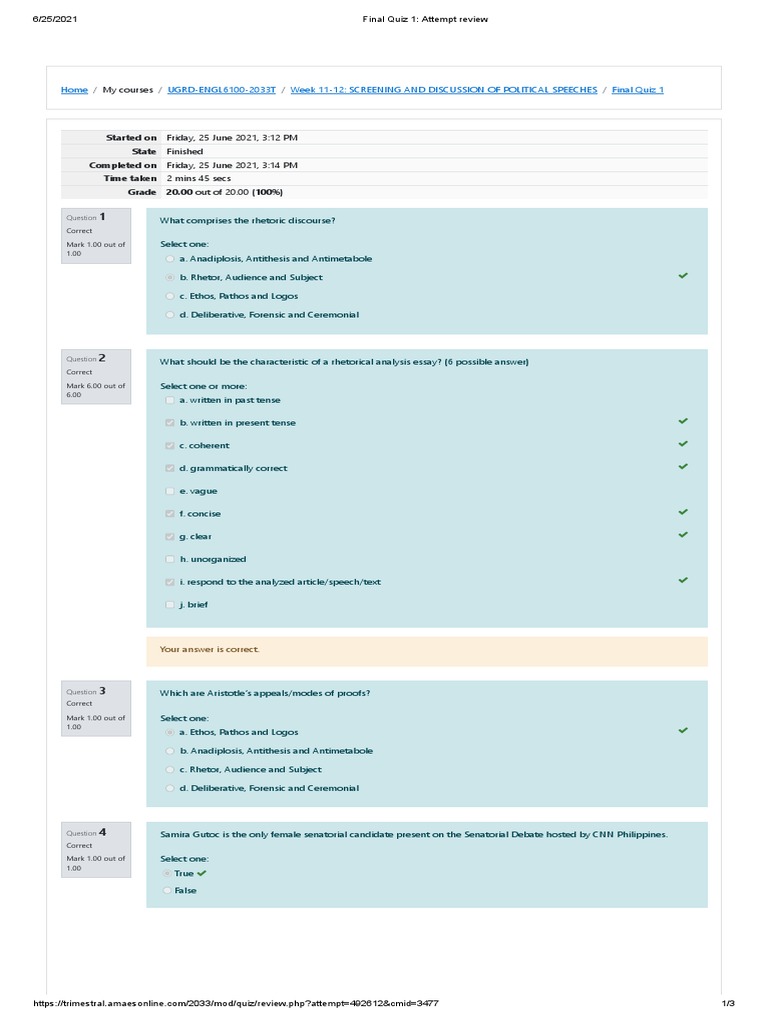 Final Quiz 1 - Attempt Review | PDF | Rhetoric | Logos