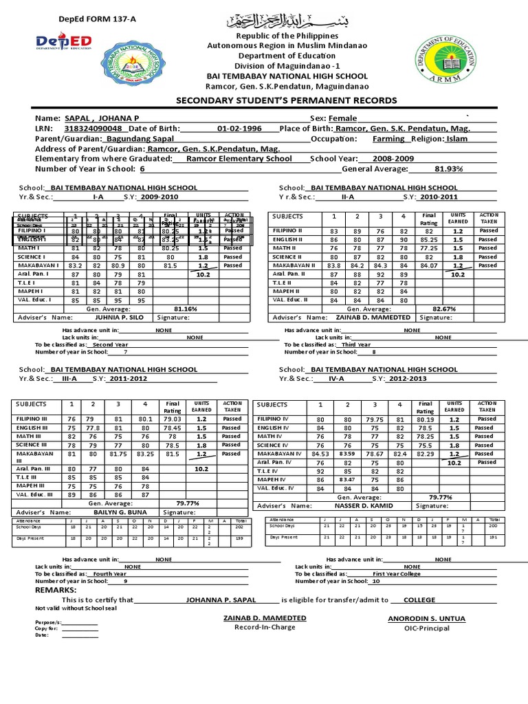 Secondary Student'S Permanent Records: Deped Form 137-A | PDF ...