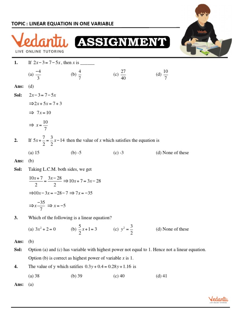 Linear Equation in One Variable Part 1 Assignment | PDF | Equations ...