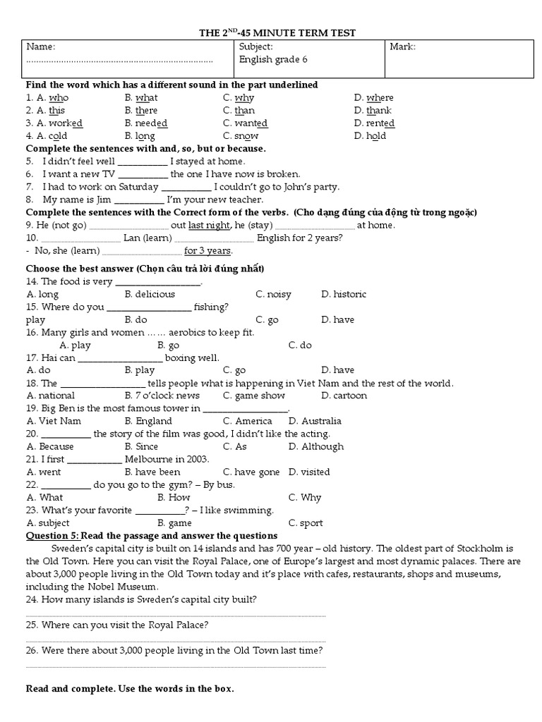 Grade 6 English Term Test Questions | PDF