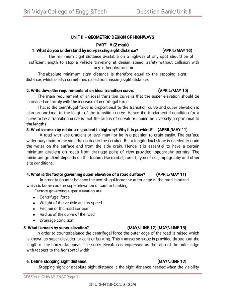 Sri Vidya College of Engg &tech Question Bank/Unit II: Ce6504 Highway ...