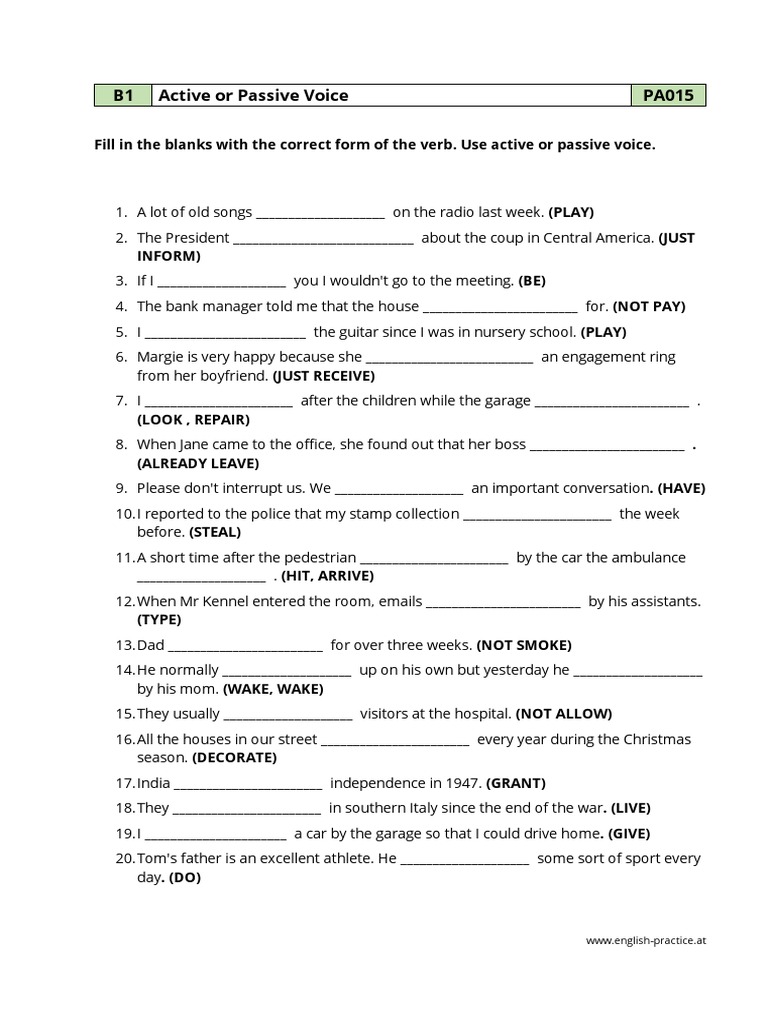 B1 Active or Passive Voice PA015: Fill in The Blanks With The Correct ...