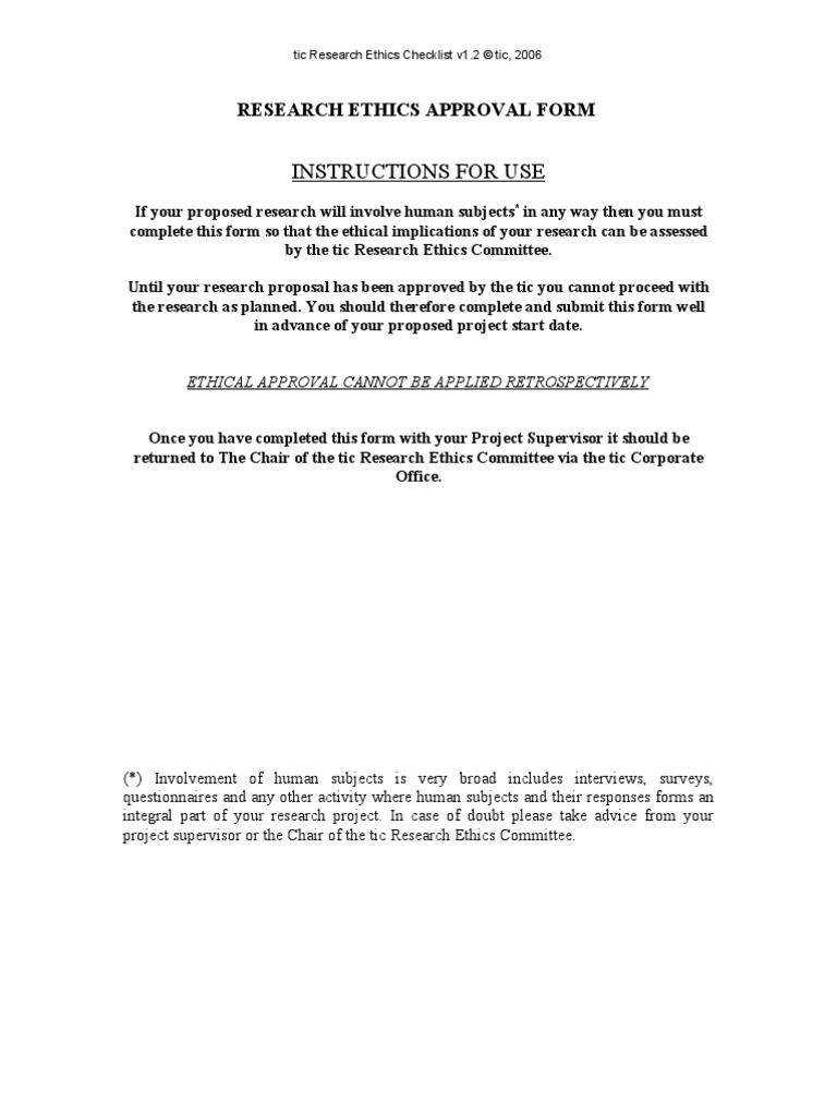 Instructions For Use: Research Ethics Approval Form | PDF | Informed ...