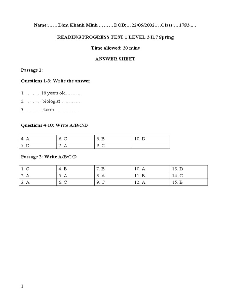 Reading - Answer Sheet | PDF