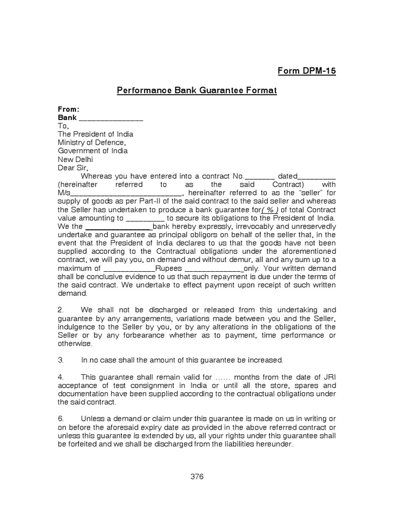 Form DPM-15 Performance Bank Guarantee Format | PDF | Guarantee ...