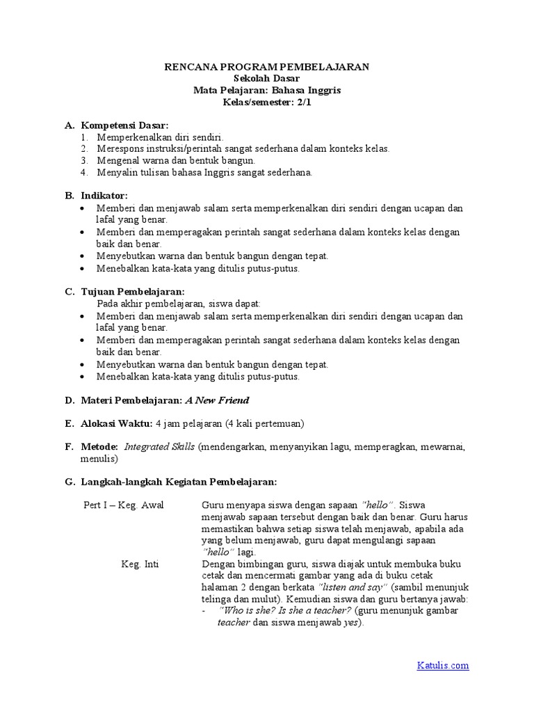 RPP K13 Bahasa Inggris Kelas 2 Semester 1 Revisi 2019 | PDF