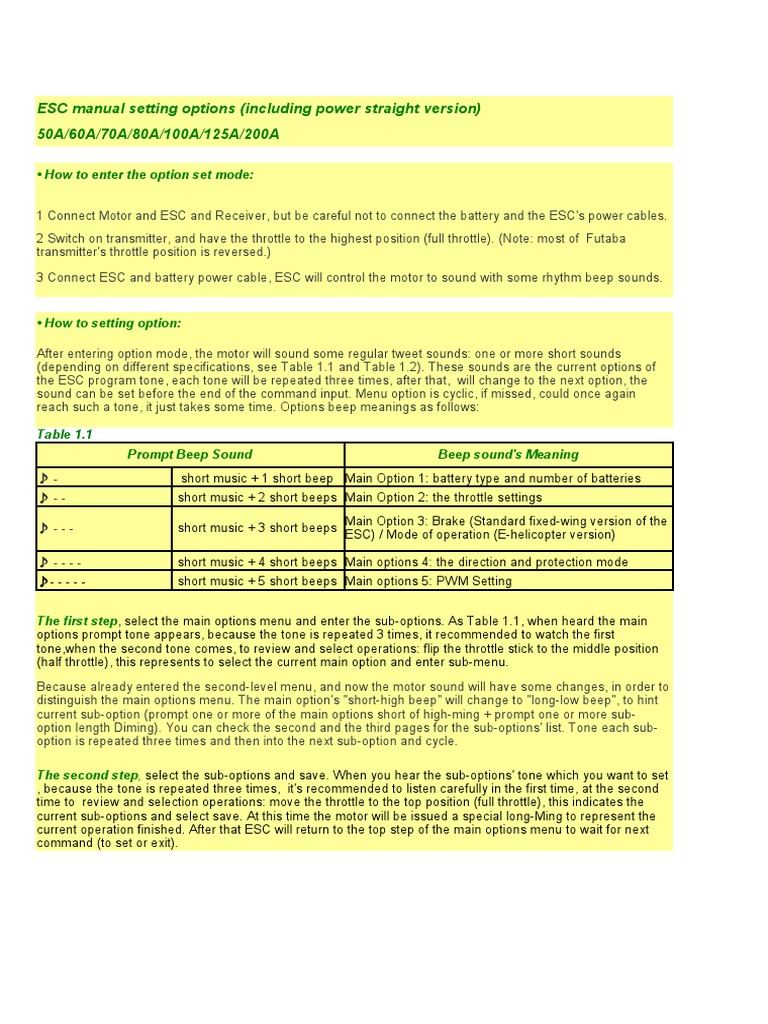 ESC Manual Setting Options (Including Power Straight Version) 50A/60A ...