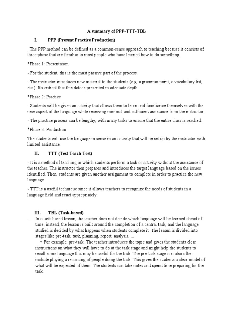 A Summary of PPP-TTT-TBL | PDF | Lesson | Teachers