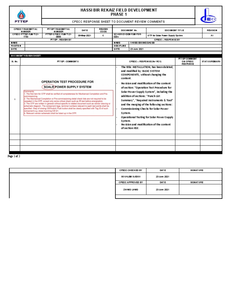 Hassi Bir Rekaiz Field Development Phase 1: Cpecc Response Sheet To ...