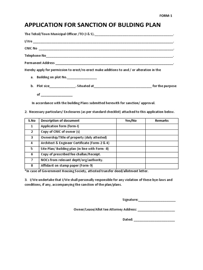 Application For Sanction of Bulding Plan: FORM-1 | PDF | Wall | Architect