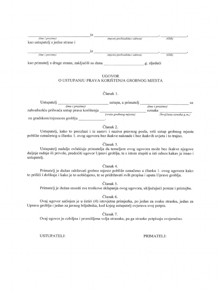 Ugovor o Ustupanju Prava Korištenja Grobnog Mjesta PDF | PDF