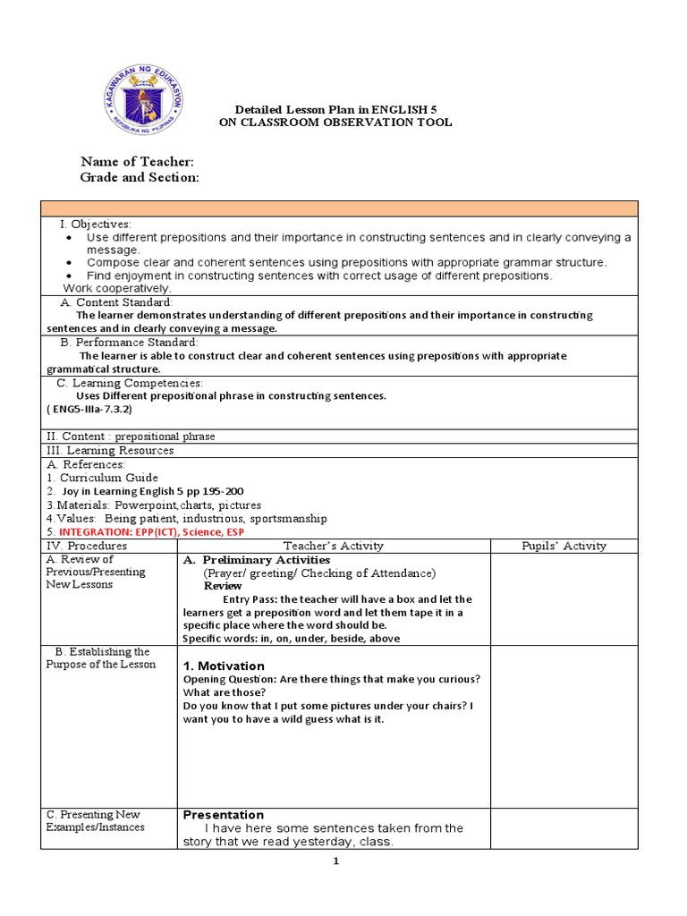 Name of Teacher: Grade and Section:: Detailed Lesson Plan | PDF ...