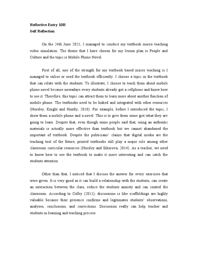 Reflective Entry 10B Self Reflection | PDF | Textbook | Teachers