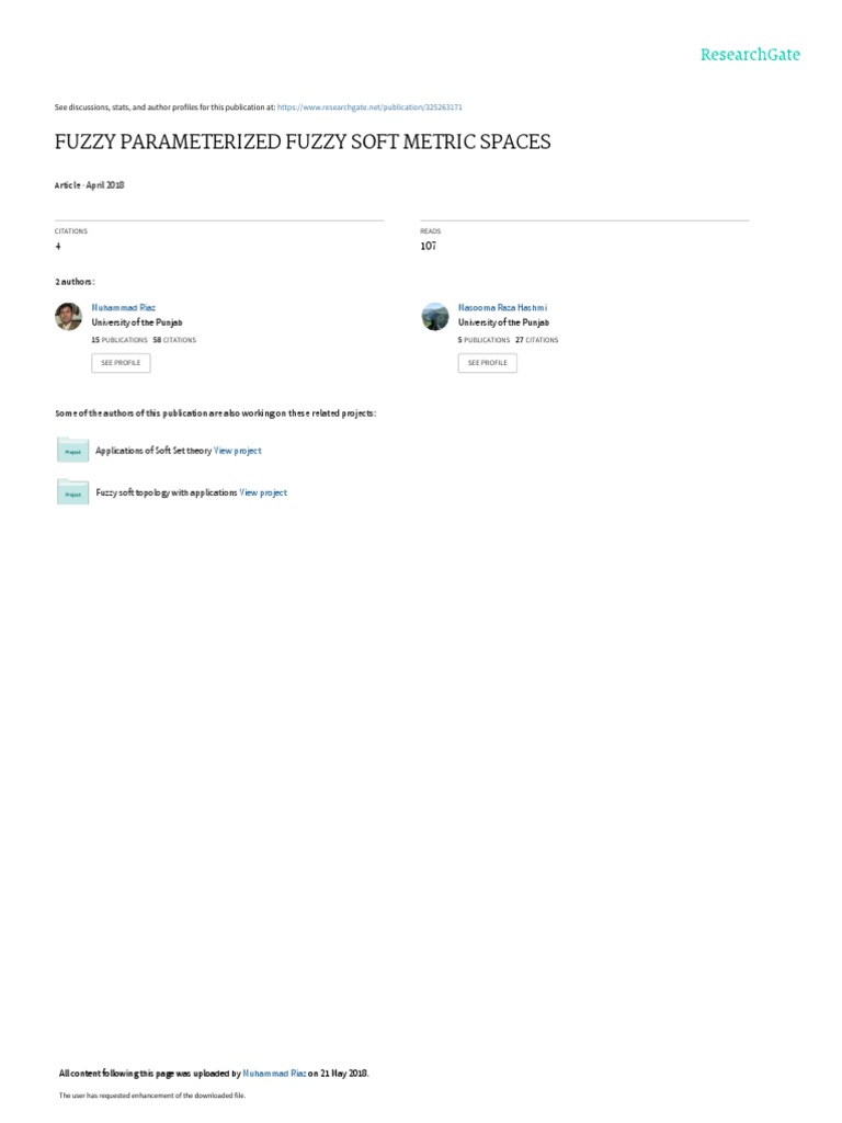 Fuzzy Parameterized Fuzzy Soft Metric Spaces: April 2018 | PDF | Flowers | Topology