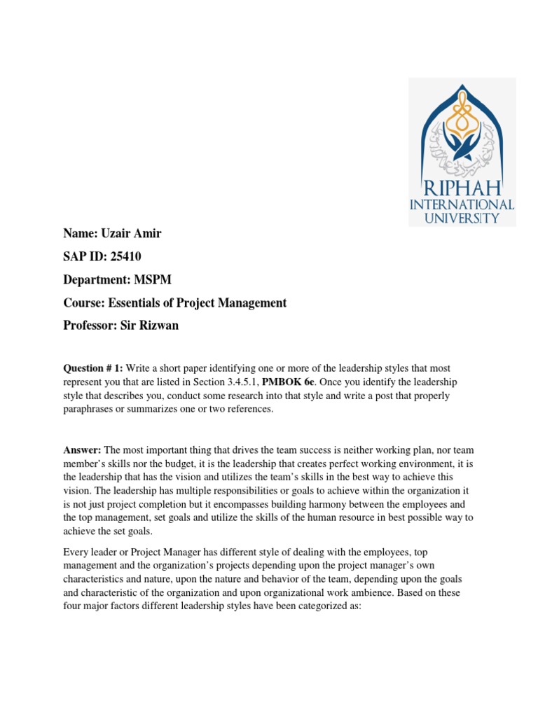 Name: Uzair Amir SAP ID: 25410 Department: MSPM Course: Essentials of Project Management ...