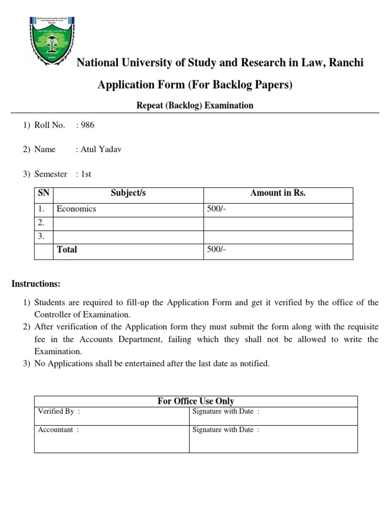 National University of Study and Research in Law, Ranchi Application Form (For Backlog Papers) | PDF