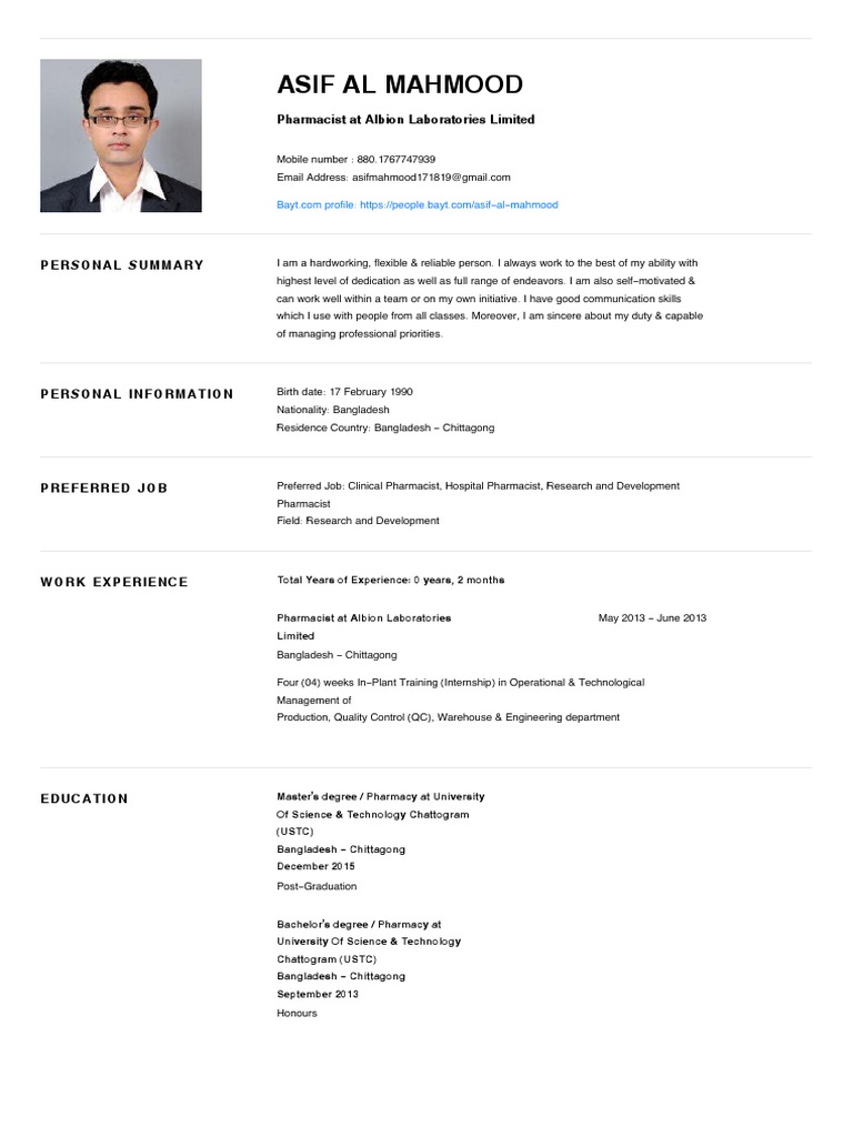 Bayt CV of Asif Al Mahmood #Asifalmahmood | PDF | Pharmacist | Bangladesh