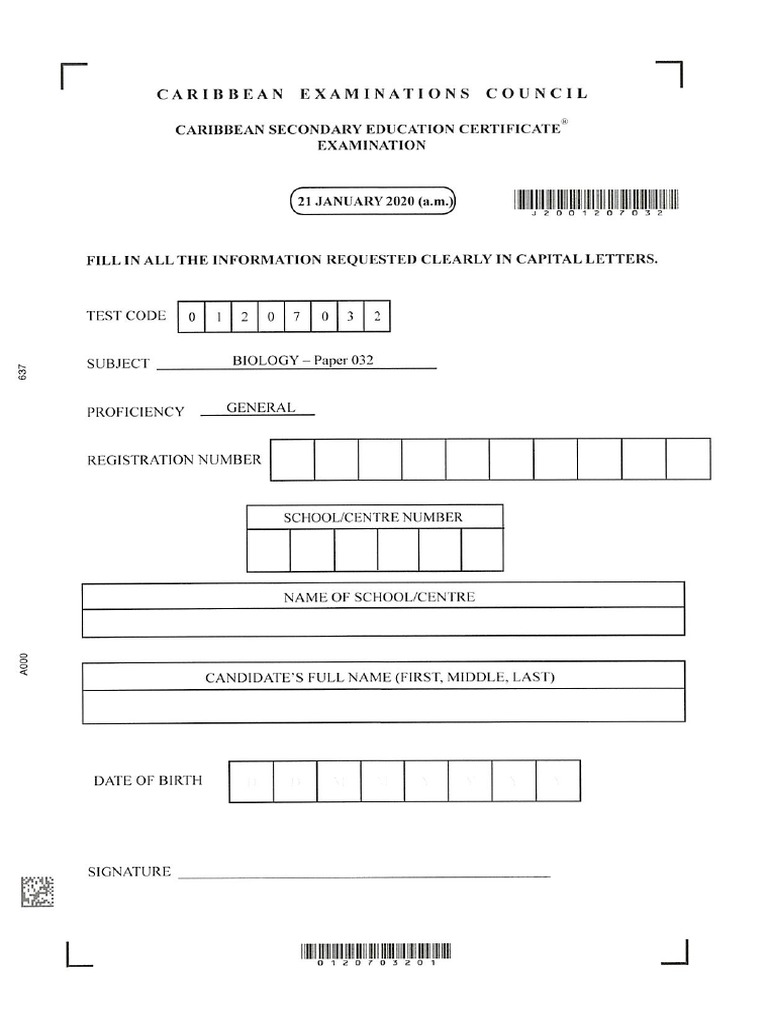 CSEC Biology - Paper 032 January 2020 | PDF