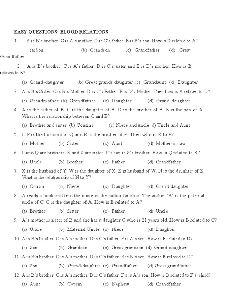 Easy Blood Relation Questions PDF | PDF | Family | Interpersonal ...
