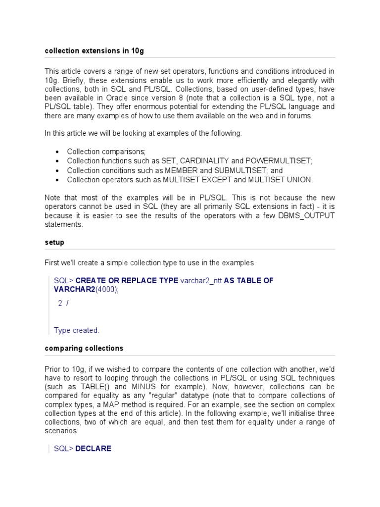 Collection Extensions in 10g | PDF | Pl/Sql | Sql