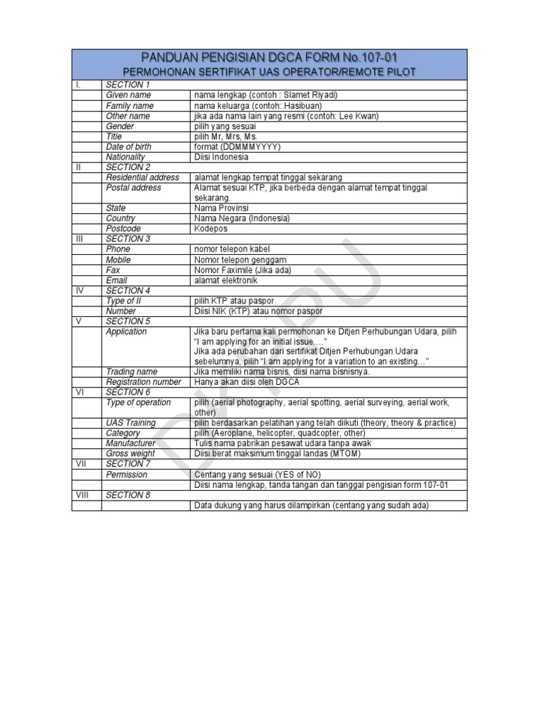 REMOTE PILOT FASI COURSE - SIDOPI Petunjuk Pengisian DGCA Form 107-01 | PDF