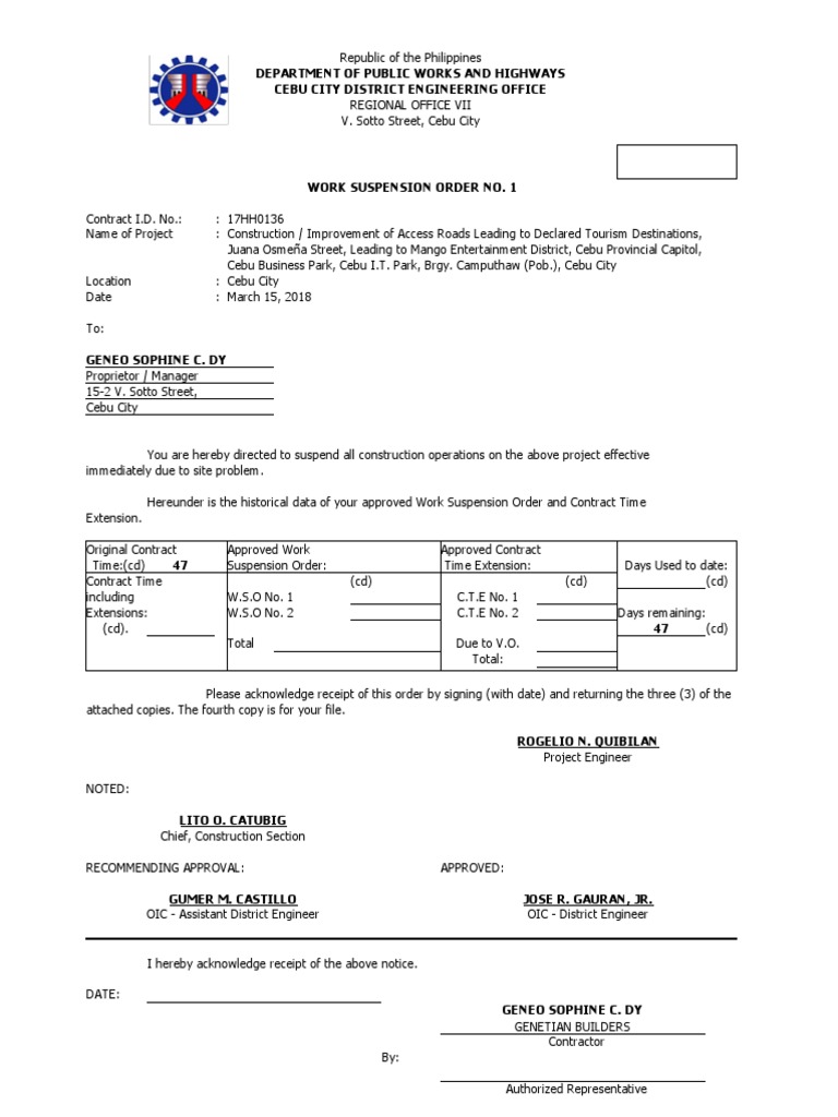 DPWH Work Suspension and Resumption Orders | PDF | Philippines ...