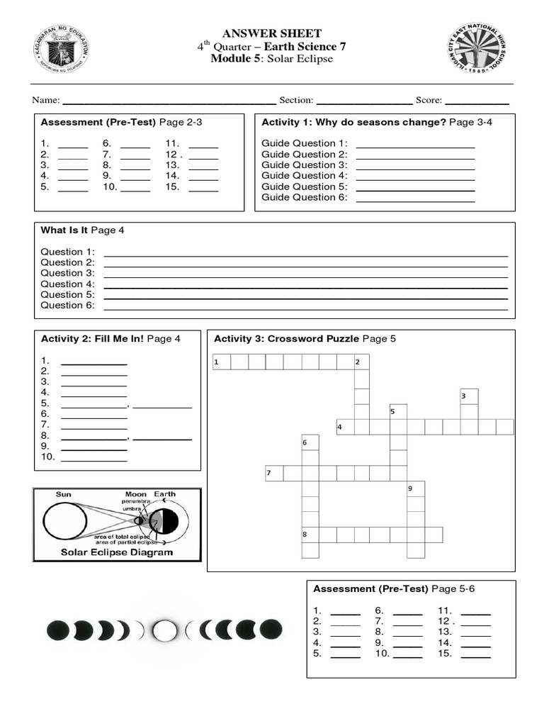 4 Quarter - Earth Science 7: Answer Sheet Module 5: Solar Eclipse | PDF ...