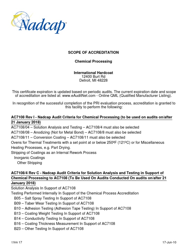 Nadcap 2019 Chem Process Scope | PDF | Chemical Processes | Building ...