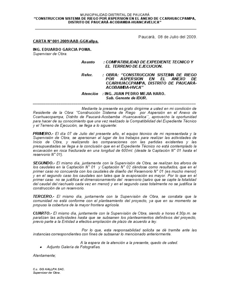 Carta N1 01 - Compatibilidad de Campo y Exp. | PDF | Agua y el medio ambiente | Agua