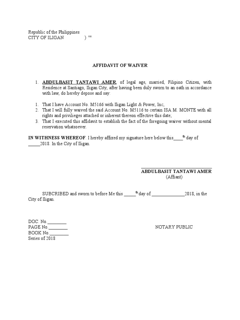 Affidavit of Waiver