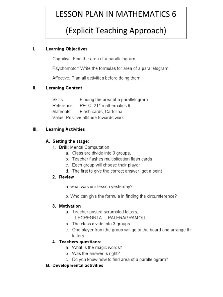 Lesson Plan in Mathematics 6 (Explicit Teaching Approach) : I. Learning ...
