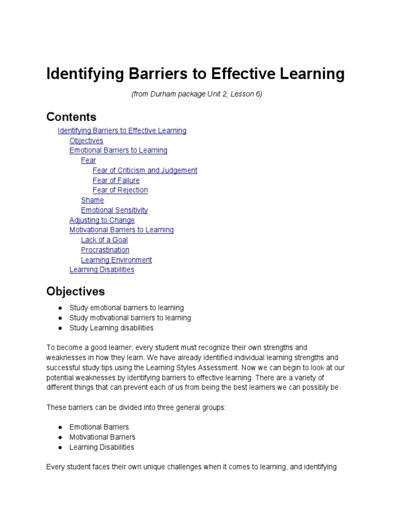Identifying Barriers To Effective Learning: (From Durham Package Unit 2 ...