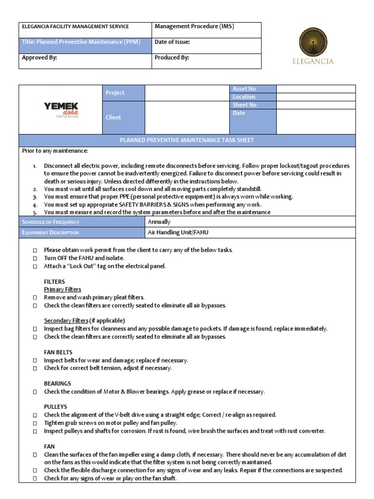 PPM Maintenance Schedule | PDF | Belt (Mechanical) | Valve