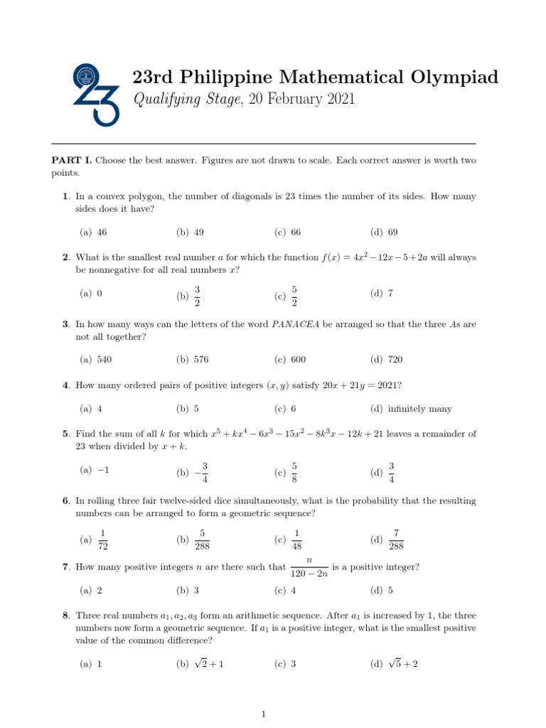 23rd Philippine Mathematical Olympiad: Qualifying Stage, 20 February ...