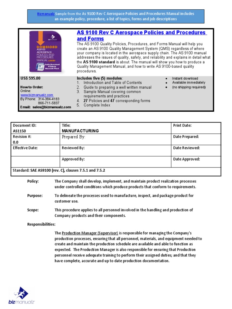 Bizmanualz AS9100 Rev C Policies and Procedures Sample | PDF