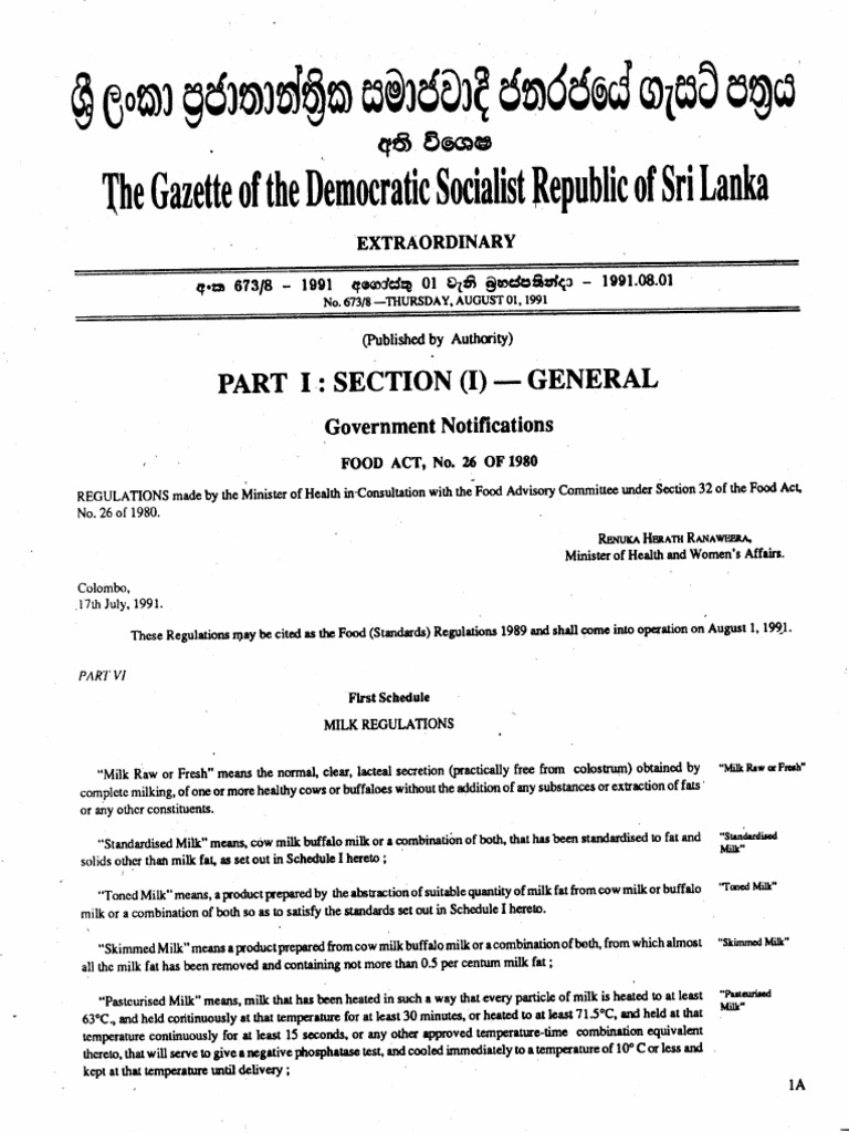 Food (Milk Standards) Regulations - 1989 | PDF