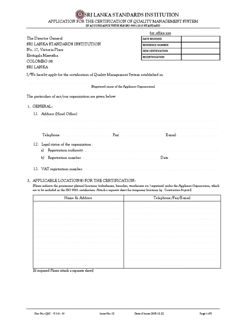 Sri Lanka Standards Institution: in Accordance With Sls Iso 9001:2015 ...