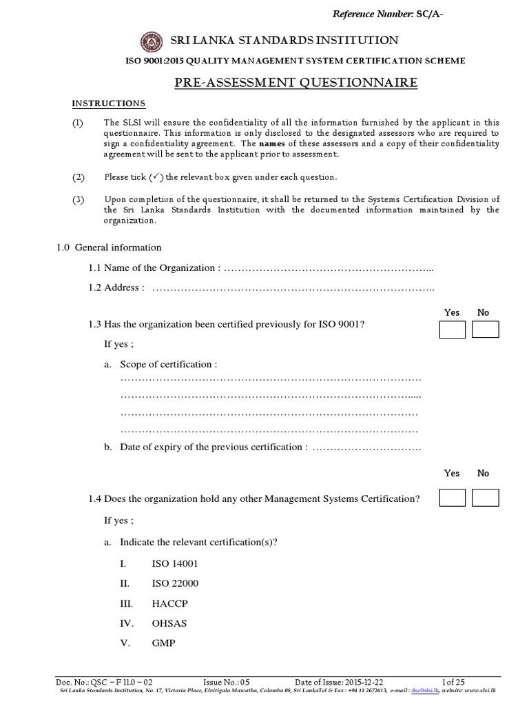 Iso 9001 2015 Pre Assessment Questionnaire | Download Free PDF ...