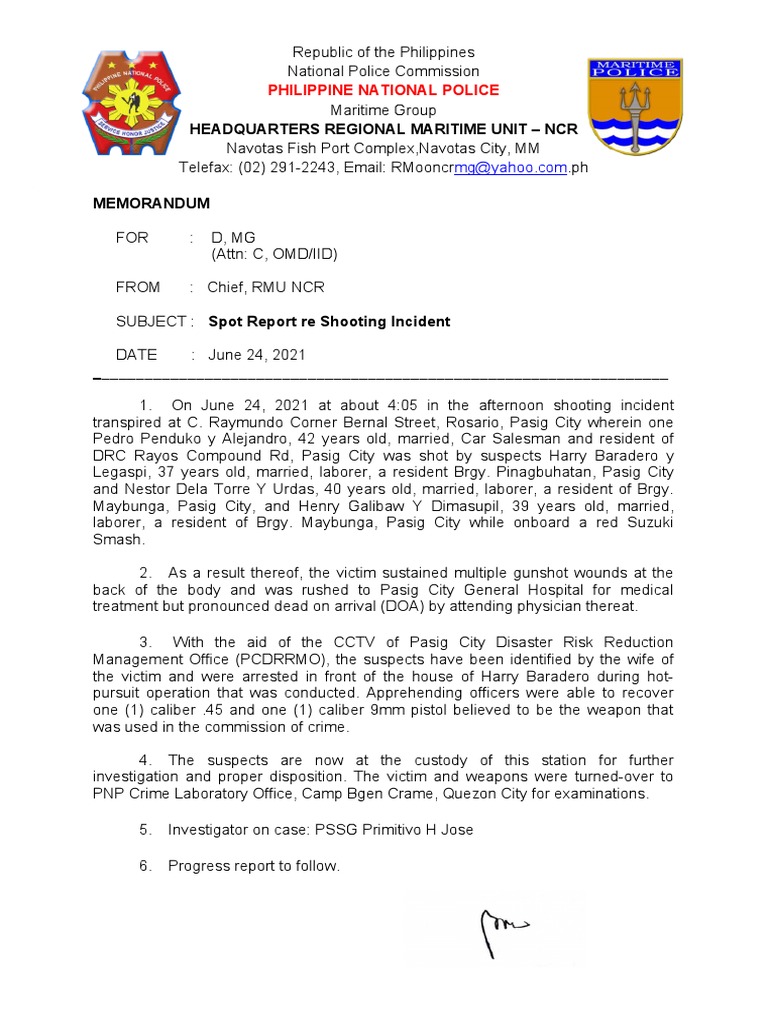 Spot Report: Pasig City Shooting Incident | PDF
