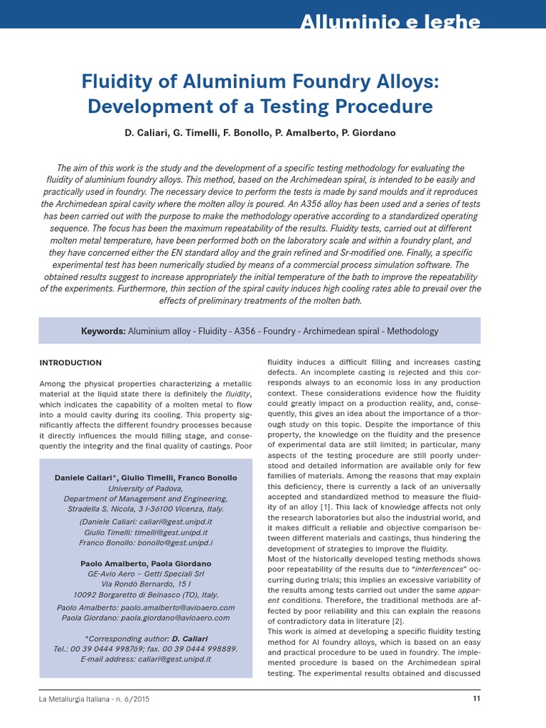 Fluidity Testing of Aluminium Alloys | PDF | Foundry | Casting ...