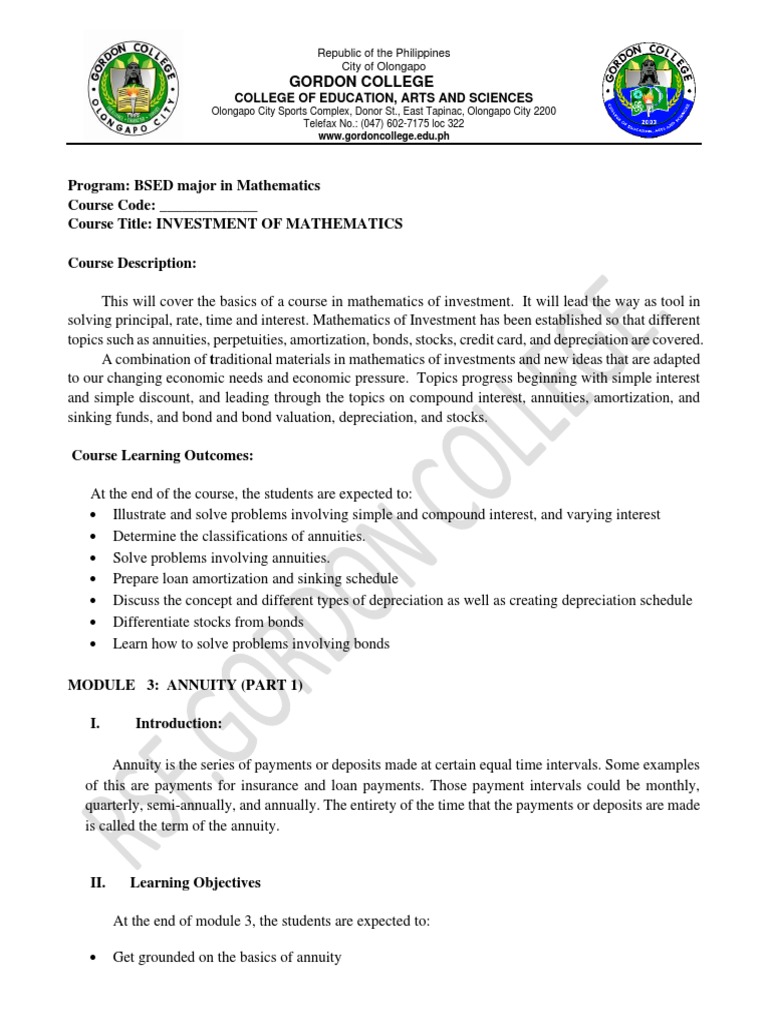 Mathematics of Investment: Annuity Basics | PDF | Present Value | Interest