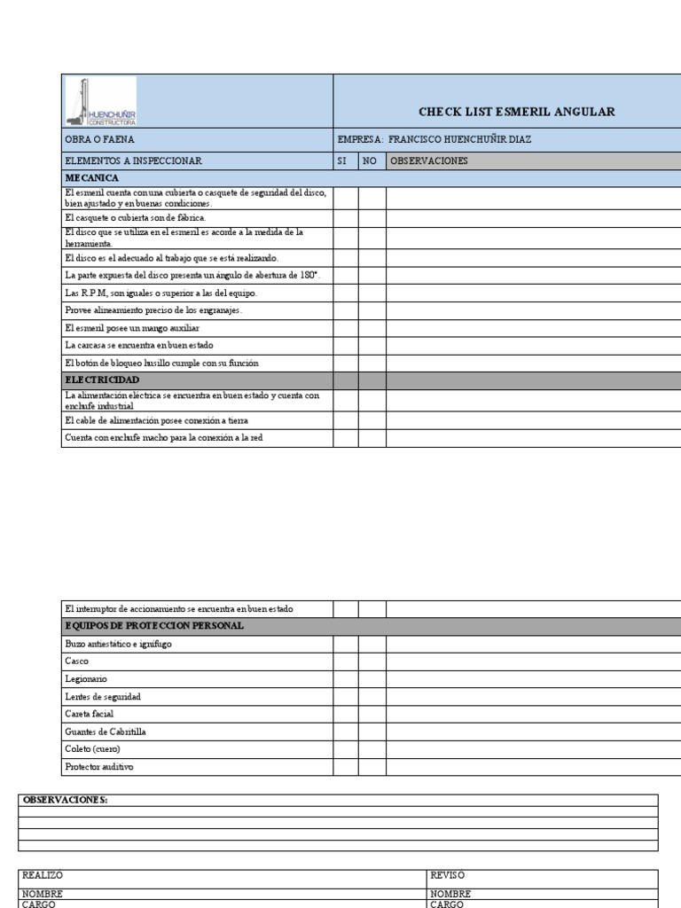 Checklist de Seguridad para Esmeril Angular | PDF