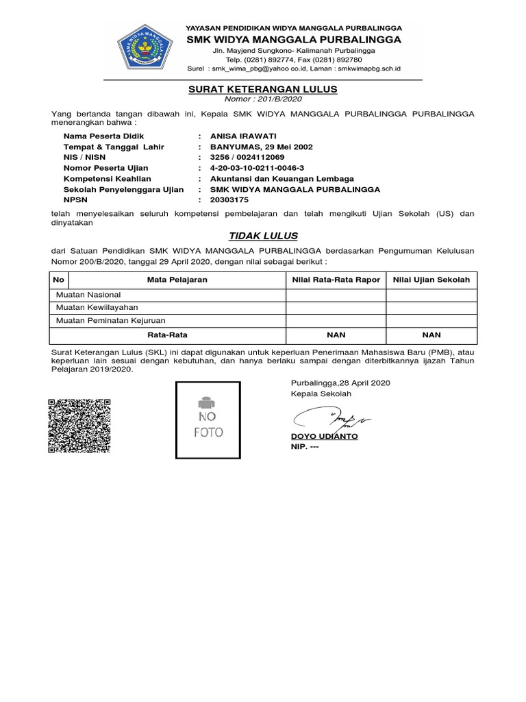 SKL Siswa 0024112069 | PDF