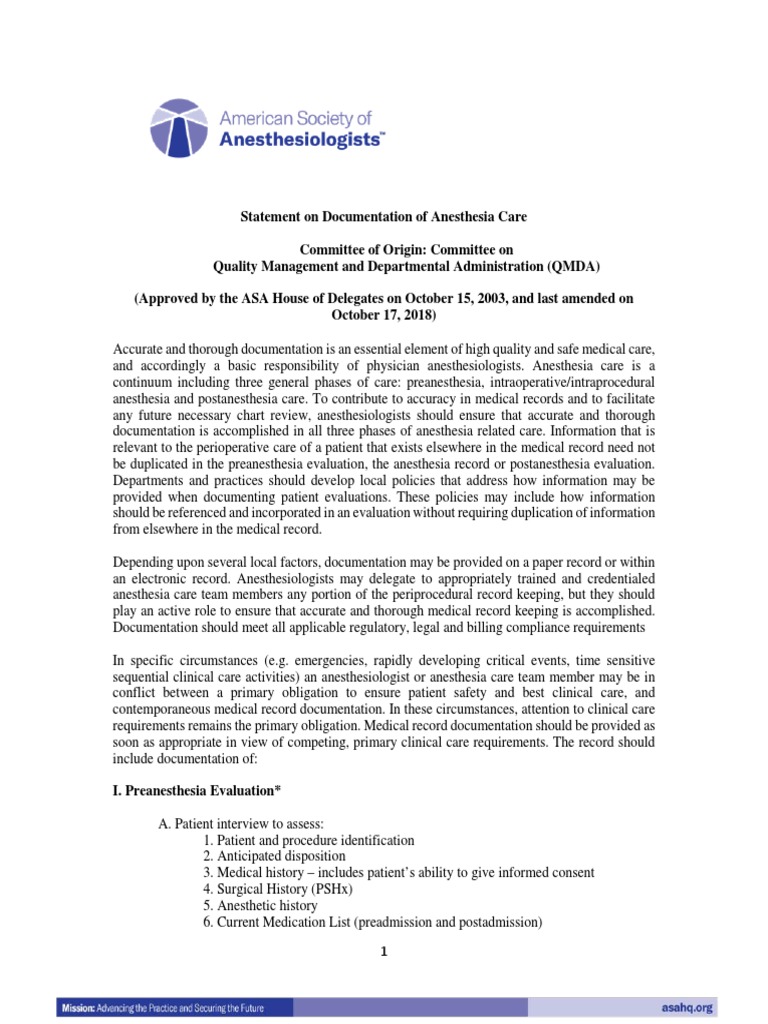 Statement On Documentation of Anesthesia Care | PDF | Anesthesia ...