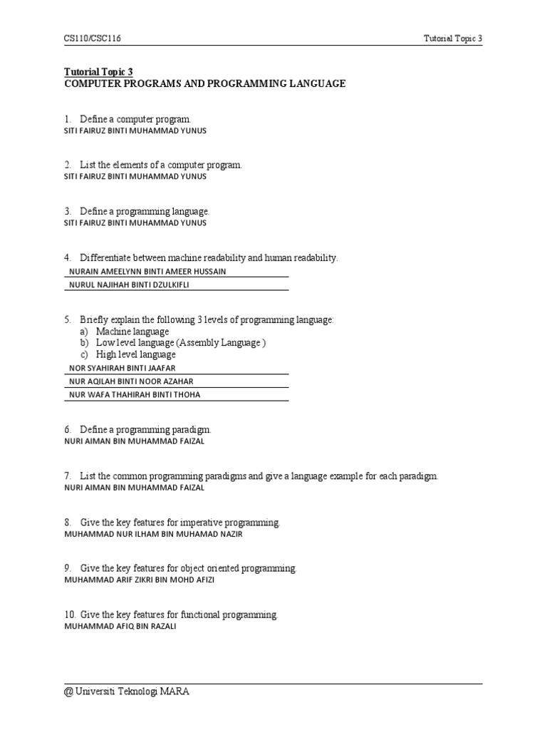 Tutorial Topic 3 Computer Programs and Programming Language | PDF ...