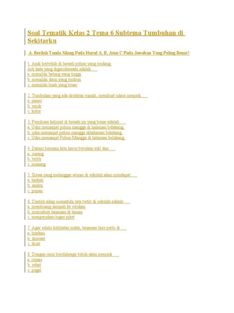 Soal Tematik Kelas 2 Tema 6 Subtema Tumbuhan Di Sekitarku | PDF | Griya & Taman | Sains & Matematika