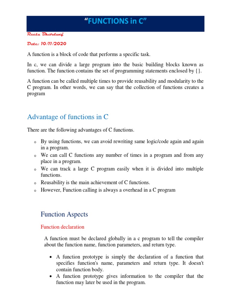 FUNCTIONS in C | PDF | Parameter (Computer Programming) | Subroutine