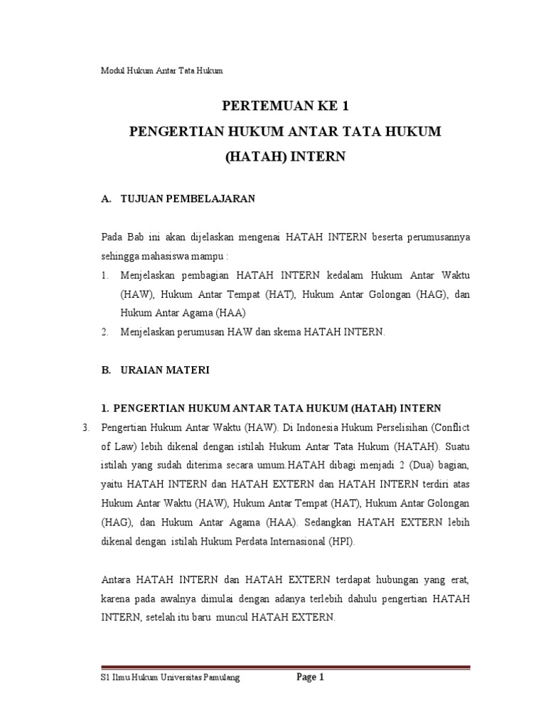 Materi Pertemuan Ke 1 (Pengertian Hukum Antar Tata Hukum (HATAH) Intern ...