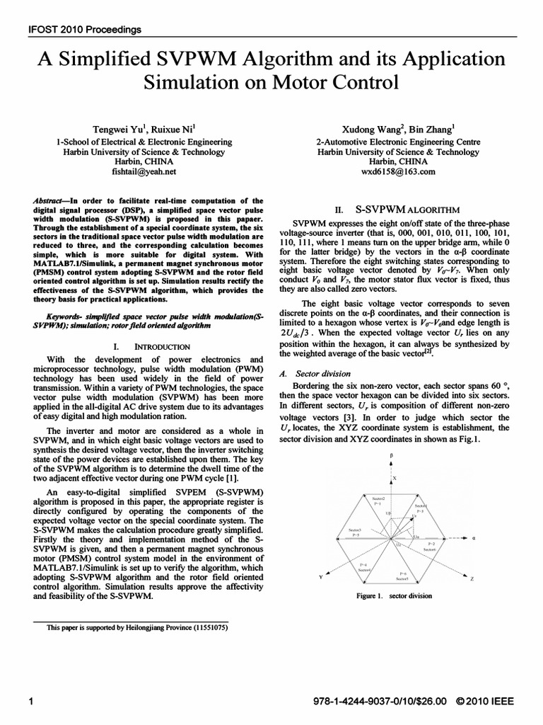 A Simplified SVPWM Algorithm and Its Application Simulation On Motor Control | PDF | Electric ...