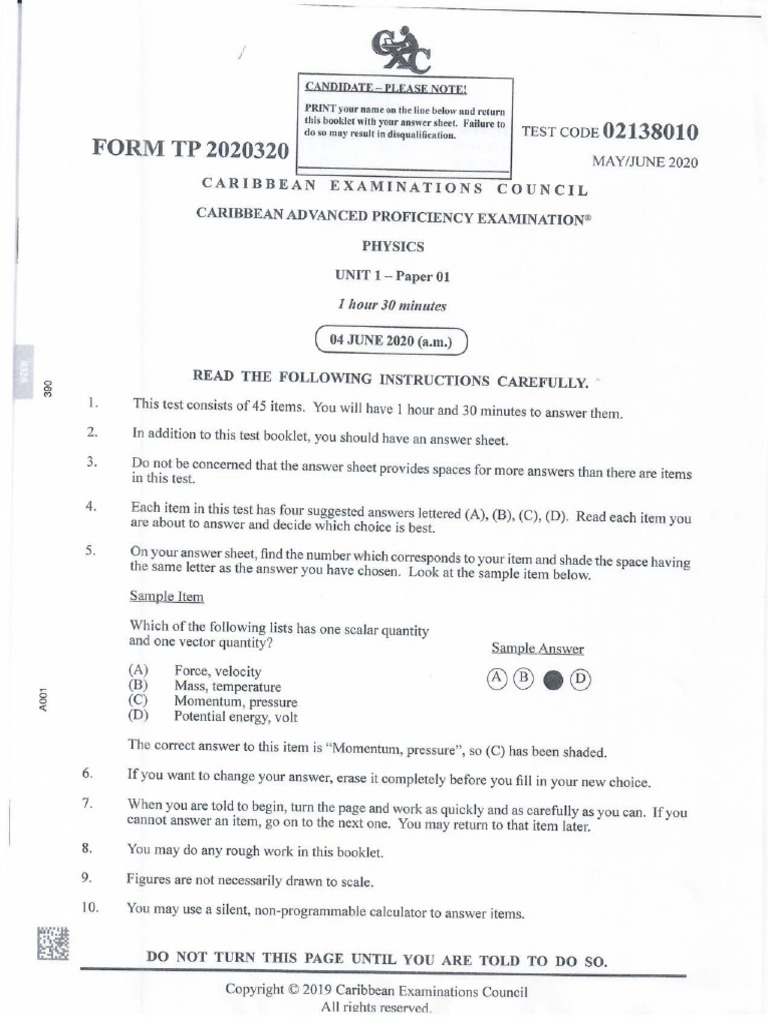 Cape Physics 2020 U1 p1 | PDF